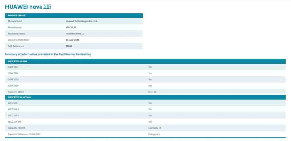 Huawei Nova 11i Appears on the GCF Certification Website in Two Model ...