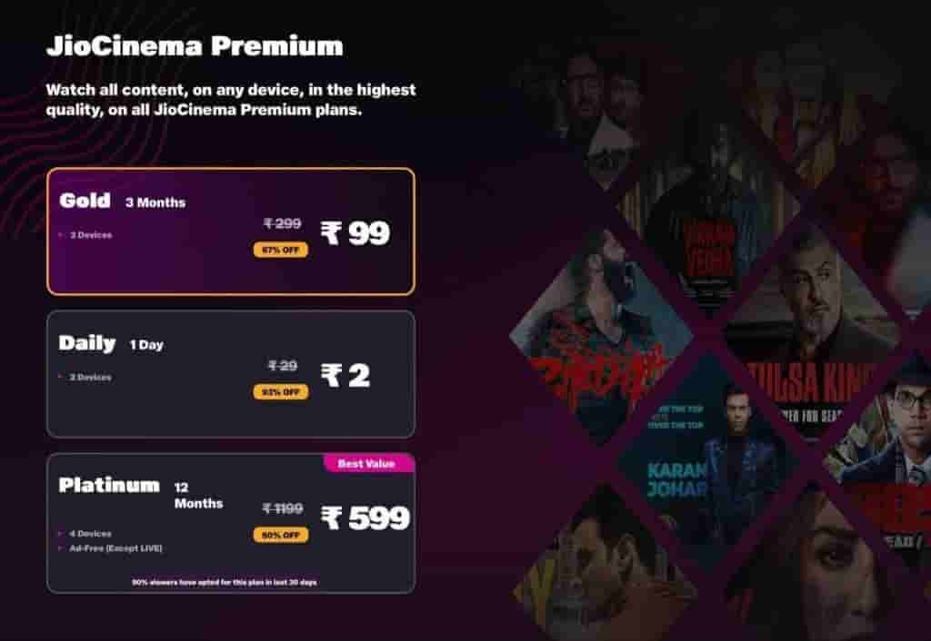 Jio Cinema Affordable Premium Plans - Daily, Gold and Platinum - for ...