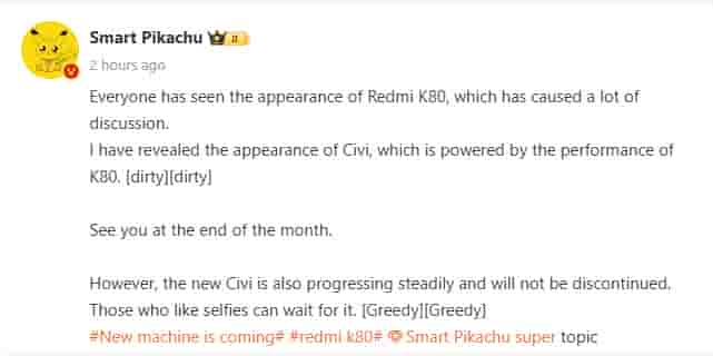 Redmi K80 Series First Look Image Revealed: Design Similar to Xiaomi's Recent Civi Smartphone ...