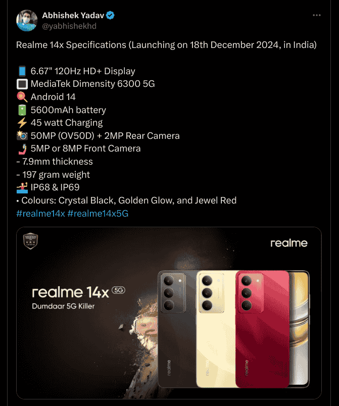 Realme 14x 5G Smartphone Specifications Tipped; Expected Launch This Month in December 2024 ...