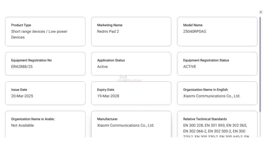Redmi Pad 2 (Wi-Fi only) clears IMDA and TDRA certification, model ...