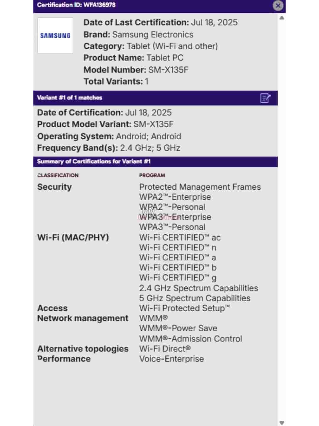 Samsung Galaxy Tab A11 LTE and WiFi-Only Models Spotted on the WiFi Alliance Database; Samsung ...