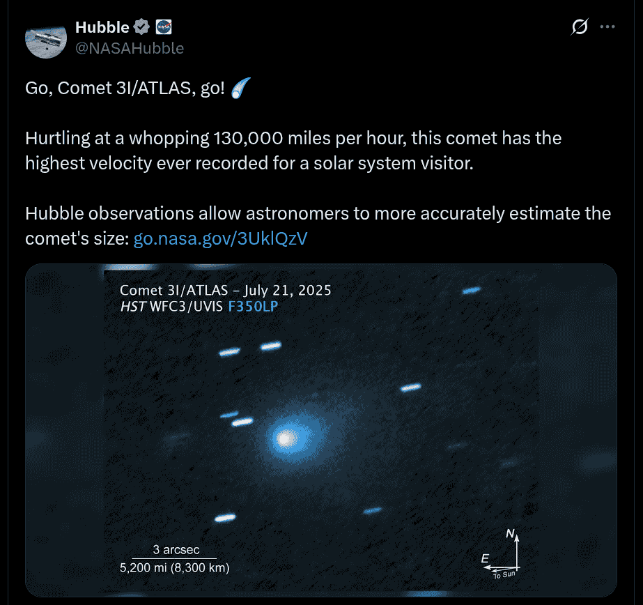 NASA Hubble Space Telescope Captures the Sharpest Picture of the 3I/ATLAS Comet, Allowing ...