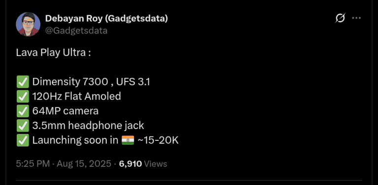 Lava Play Ultra 5G Smartphone Key Specs and Pricing Tipped Ahead of its ...