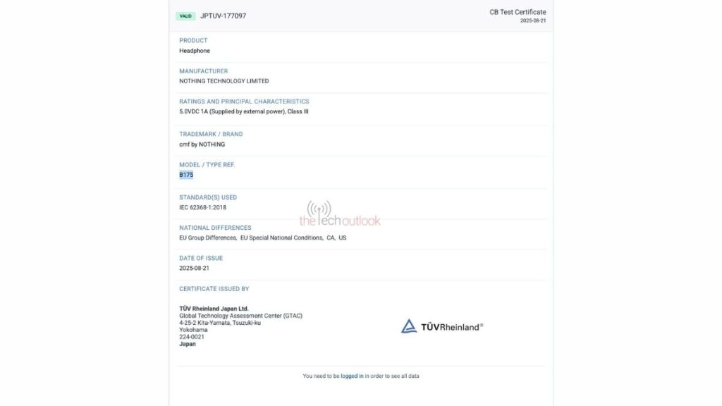 CMF Headphone Pro (B175) Spotted on the TUV Rheinland Certification ...