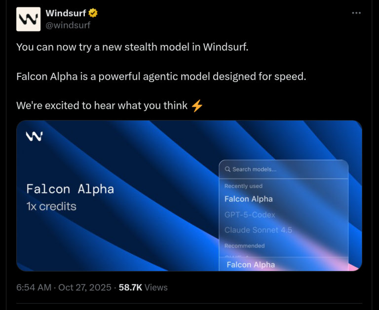 Windsurf Officially Introduces Falcon Alpha as its New Stealth Model Designed for Speed - The ...