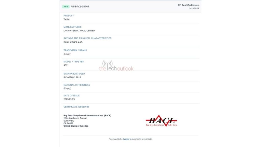 New LAVA Tablet (S511) Certified by the BACL Authority, Revealing 10W ...