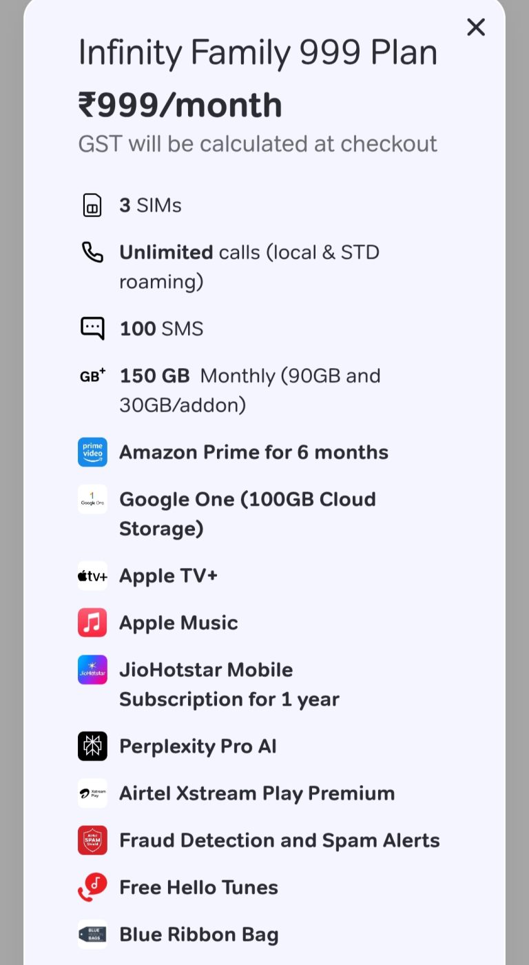 Airtel Rs 999 Infinity Family postpaid plan works for 3 SIM cards ...