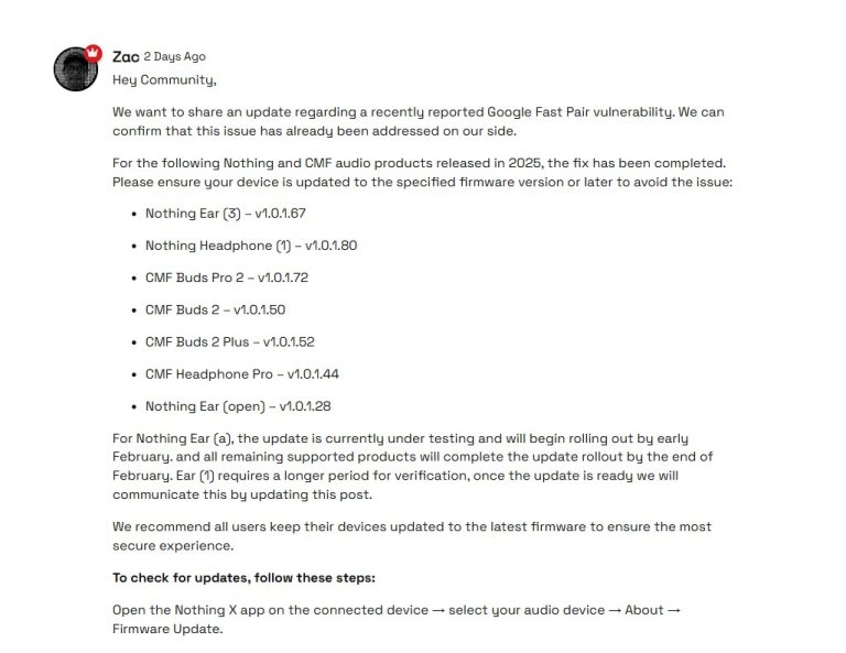 Nothing fixes Google Fast Pair vulnerability issue on 2025 audio models ...