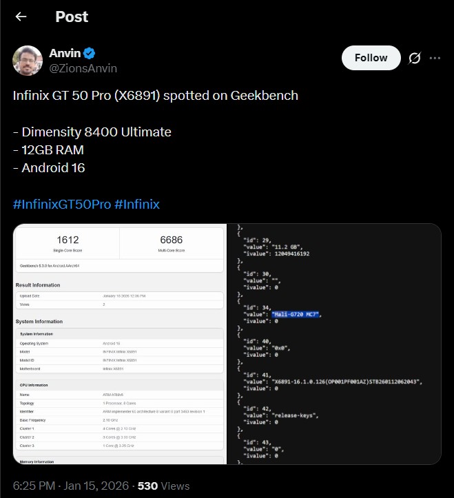 Infinix GT 50 Pro with Dimensity 8400 Ultimate, Android 16 and 12GB RAM ...