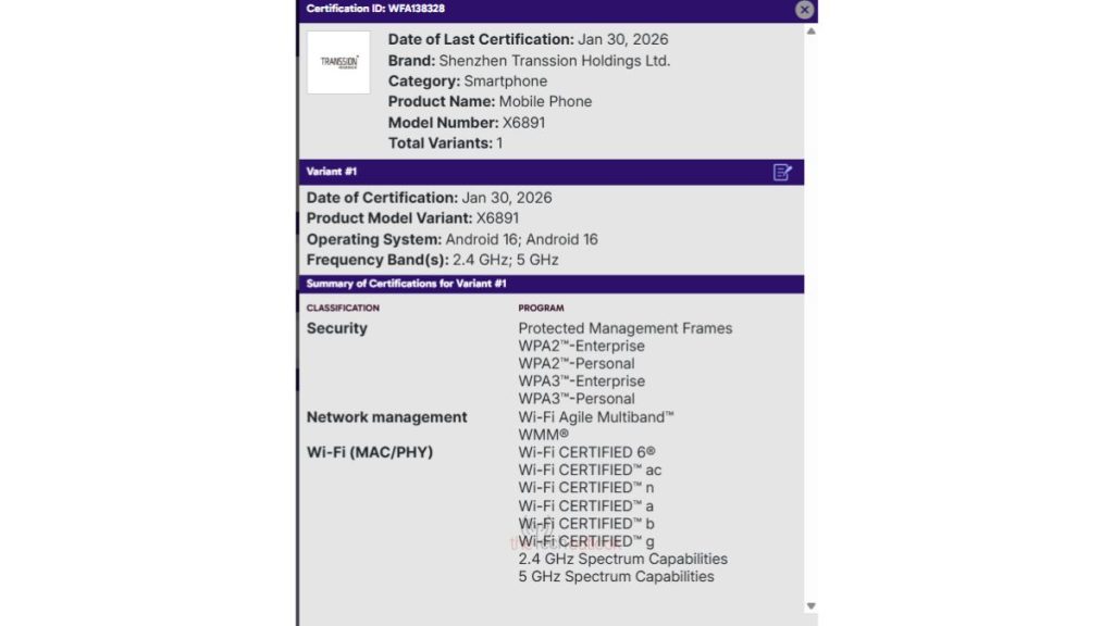 Infinix GT 50 Pro (X6891) spotted on Wi-Fi Alliance, Android 16 OS and ...