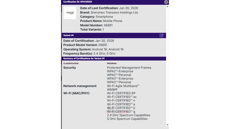 Infinix GT 50 Pro (X6891) spotted on Wi-Fi Alliance, Android 16 OS and ...