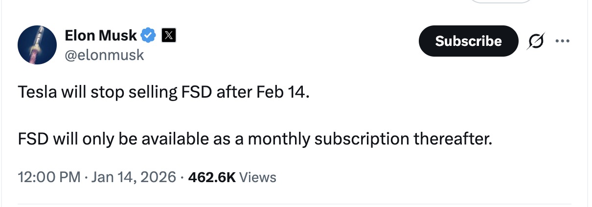 Tesla to end one-time FSD purchases after Feb 14th, shifts to monthly ...