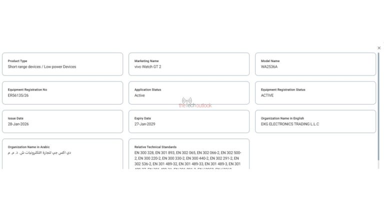 Vivo Watch GT 2 (Bluetooth version) spotted on the TDRA certification ...
