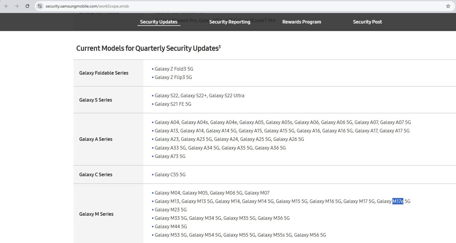 Samsung Lists Galaxy M17e 5G on Security Updates Policy Page Ahead of ...