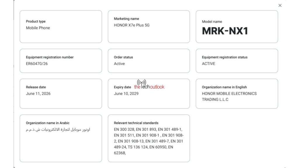 Honor X7e Plus 5G Spotted on UAE’s TDRA and SGS Certification Databases ...